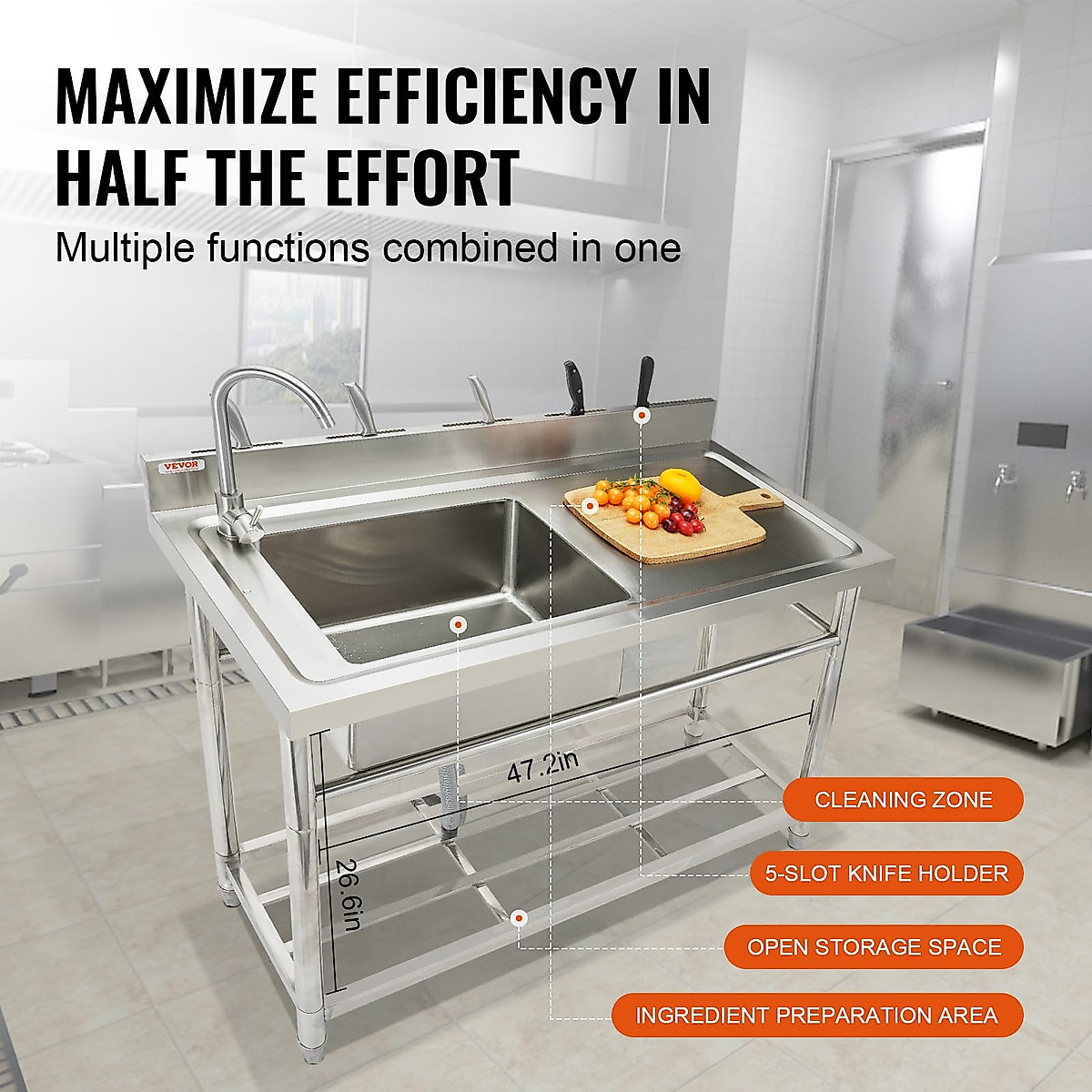 VEVOR Stainless Steel Utility Sink, Free Standing Single Bowl Commercial Kitchen Sink Set w/Workbench, 47 x 19.7 x 37.4 in Commercial Single Bowl Sinks for Garage, Restaurant, Laundry, NSF Certified