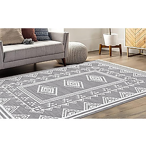 GarveeHome 8x10 Washable Rug Boho Accent Throw Floor Cover Farmhouse Bordered Area Rug Non Slip Low Pile Indoor Bohemian Area Rug Large Living Room Moroccan Rug Dining Room Bedroom Rug Carpet, Grey