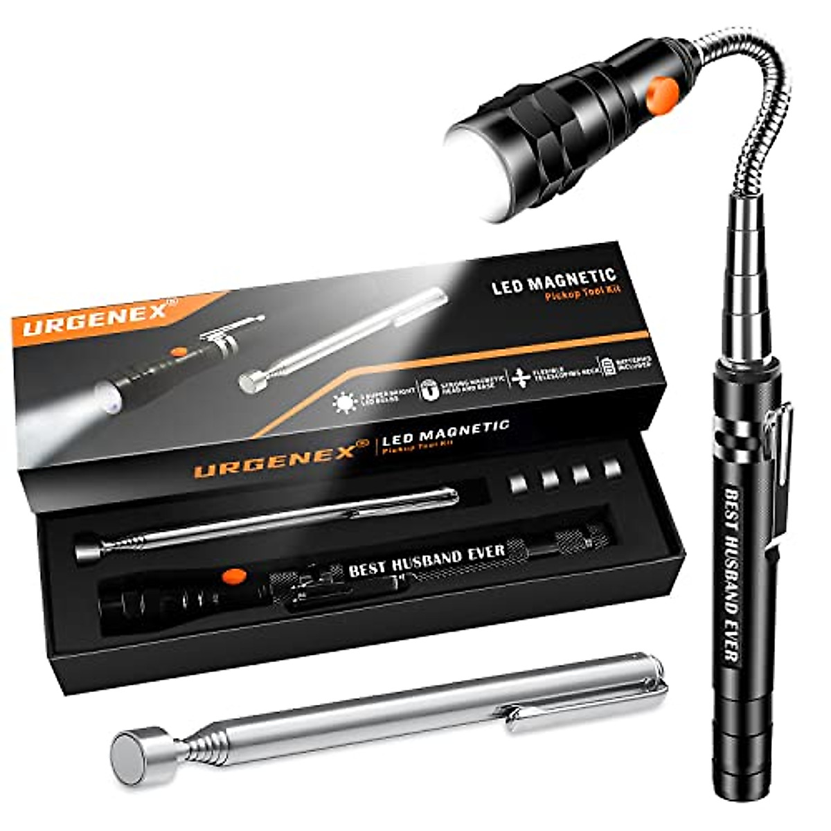 Magnetic Pickup Tools Gifts for Men - Engraved "BEST HUSBAND EVER" Telescoping Magnet Flashlight Pick Up Gadget Tool LED Light for Men, DIY Handyman, Father/Dad, Husband, Boyfriend, Him, Women URGENEX