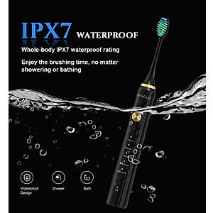 IntoCozy Sonic Electric Toothbrush Whitening Toothbrush with 2 Indicator Brush Heads for Adults and Teenagers, Wireless Charging, 5 Modes with Smart Timer, IPX7 Waterproof(Black)