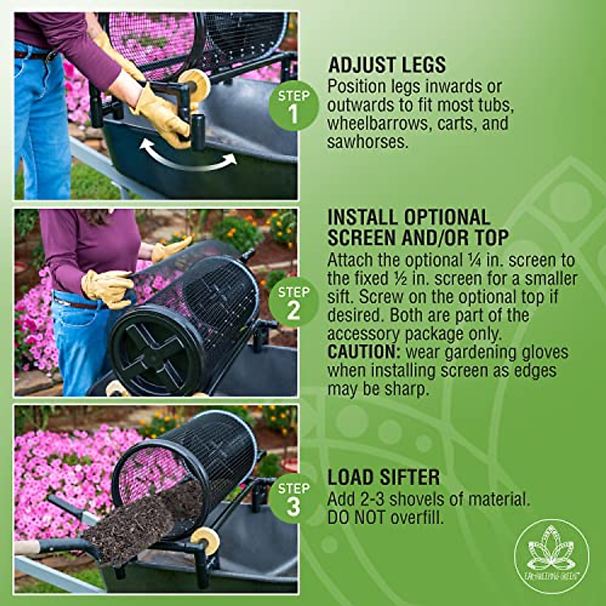 Rolling Garden Sifter with 1/2 in. Heavy Duty Screen and Accessories (1/4 in. Screen, Removeable Top, & Holding Bands)