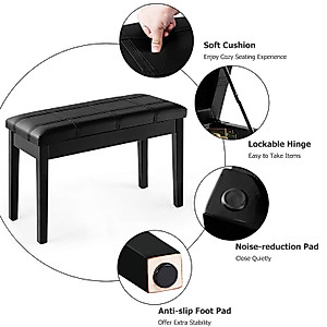 GOFLAME Piano Bench with Padded Cushion and Music Storage, Comfortable Double Duet Seat with PU Leather and Wooden Legs, Perfect for Professional or Home Use (Black)