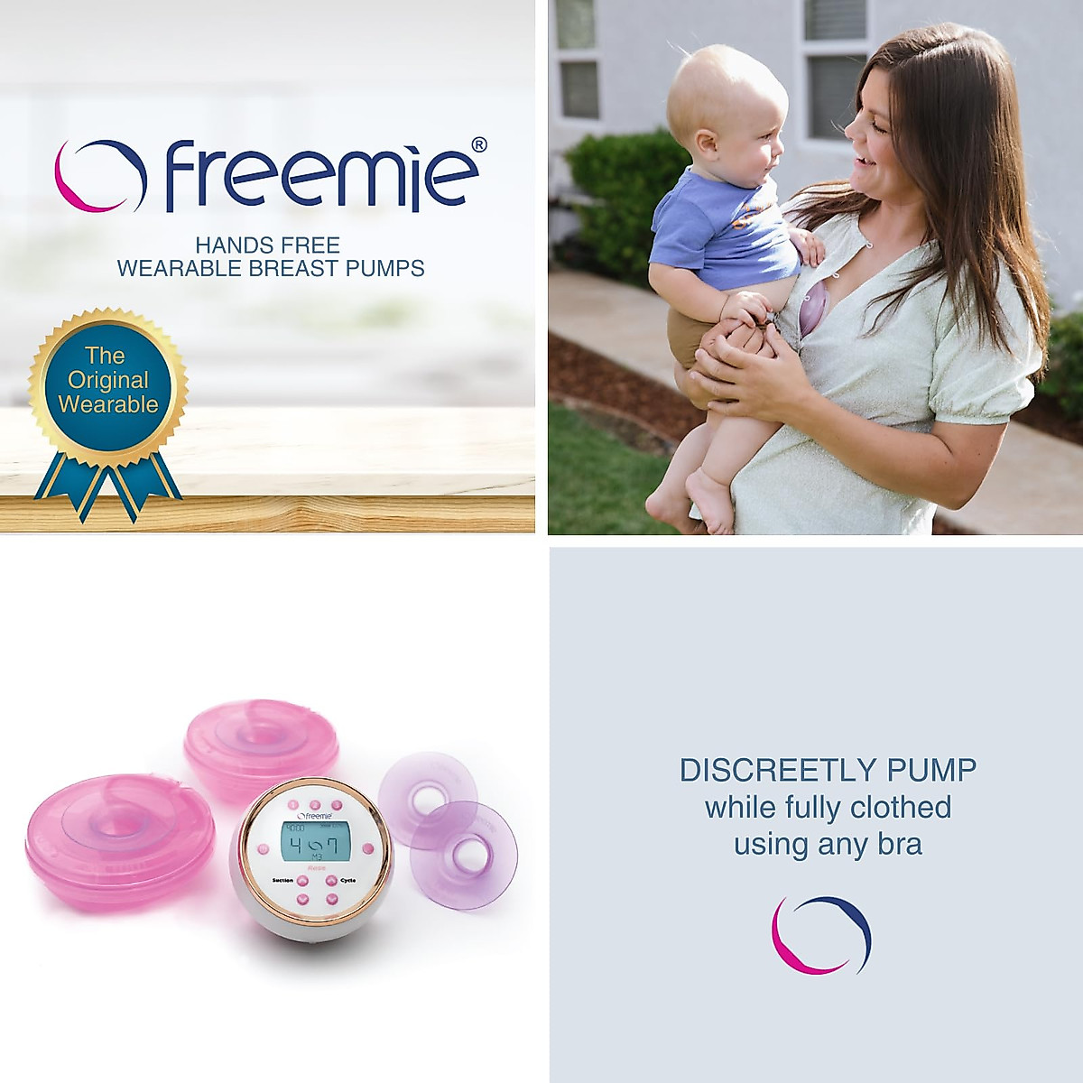 Freemie Rose Premium Hands-Free Wearable Breast Pump System | Quiet Rechargeable Mobile Breast Pump | Ultra-Discreet in-Bra Pink Cups | 3 Sizes Included