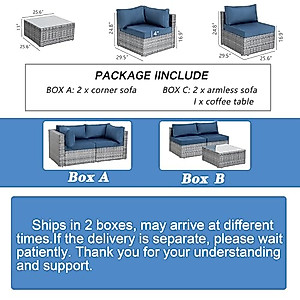 Shintenchi 5 Pieces Outdoor Patio Sectional Sofa Couch, Silver Gray PE Wicker Furniture Conversation Sets with Washable Cushions & Glass Coffee Table for Garden, Poolside, Backyard (Aegean Blue)