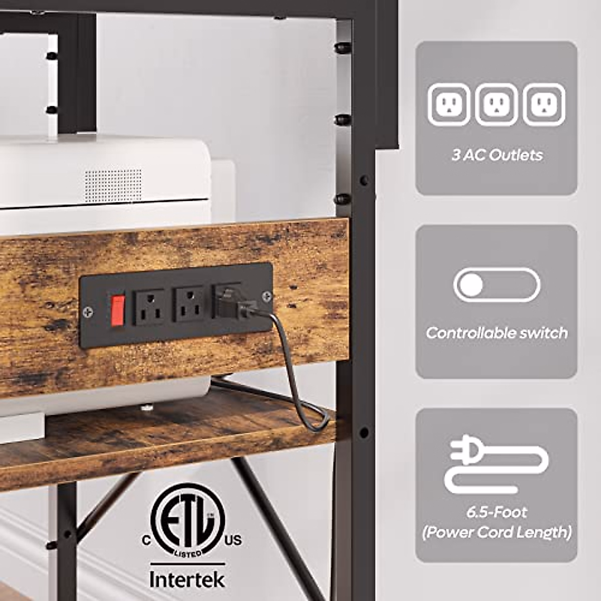 Bestier Bakers Rack with Power Outlet, 4-Tier Kitchen Microwave Stand, Coffee Bar with 6 S-Shaped Hooks, Rolling Storage Shelf Rack with Adjustable Shelf for Kitchen, Living Room - Rustic Brown