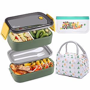 NatraProw Bento Box Adult Lunch Box, Leakproof 2 Layer Adult Bento Box with Detachable Divider, Lunch Bag, BPA Free Bento Lunch Box for Adults with Utensils, Microwave Safe Meal Prep Container