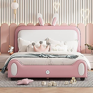 CJLMN Upholstered Rabbit Shaped Princess Bed Pink Platform Bed, Full Size Wood Bed Frame with Bunny Ears Headboard and Bunny Tail Footboard, Kids Bedroom Furniture Fun Cute Rabbit Bed