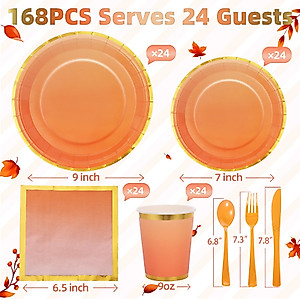 Gudvilla Orange Party Decorations, 168Pcs Orange Paper Plates and Napkins Party Supplies, Fall Paper Plates Serve 24, for Birthday Graduation Fall Thanksgving