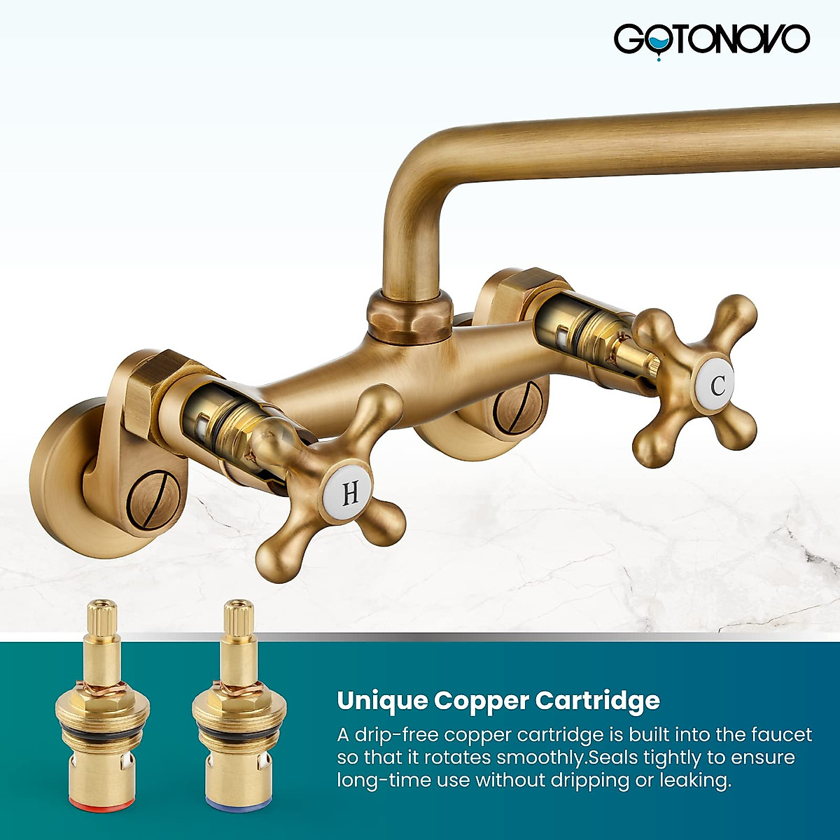 gotonovo Wall Mount Faucet 6 Inch Center Antique Brass Kitchen Sink Taps 2 Cross Knobs Handle Victorian Commercial with 9inch spout