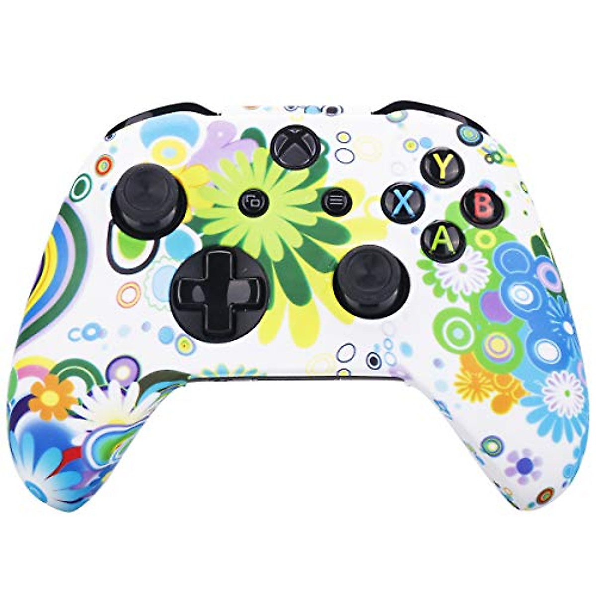 YoRHa Printing Rubber Silicone Cover Skin Case for Xbox One S/X Controller x 1(Circle) with PRO Thumb Grips x 8