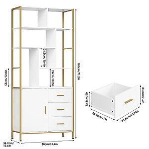 BOTLOG 71.2 Inch Tall Bookshelf, Bookcase with Door and 3 Drawers, Floor Standing Display Storage Shelves for Home Office, Living Room