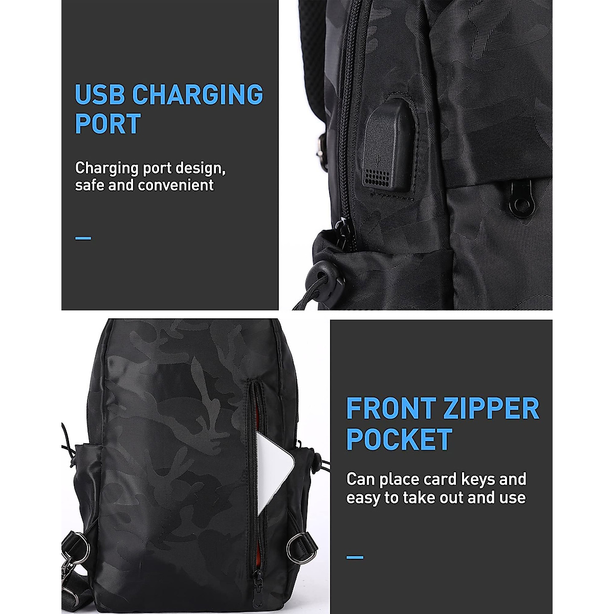 Small Black Sling Crossbody Backpack Shoulder Bag for Men Women, Lightweight One Strap Chest Backpack Sling Bag Backpack for Hiking Walking Biking Travel Cycling USB Charger Port Nylon Camouflage