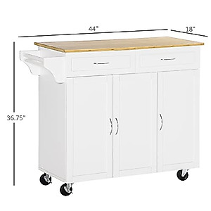 HOMCOM Rolling Kitchen Island Cart on Wheels with Large Bamboo Countertop, 2 Cabinets with Drawers, Adjustable Shelves, White