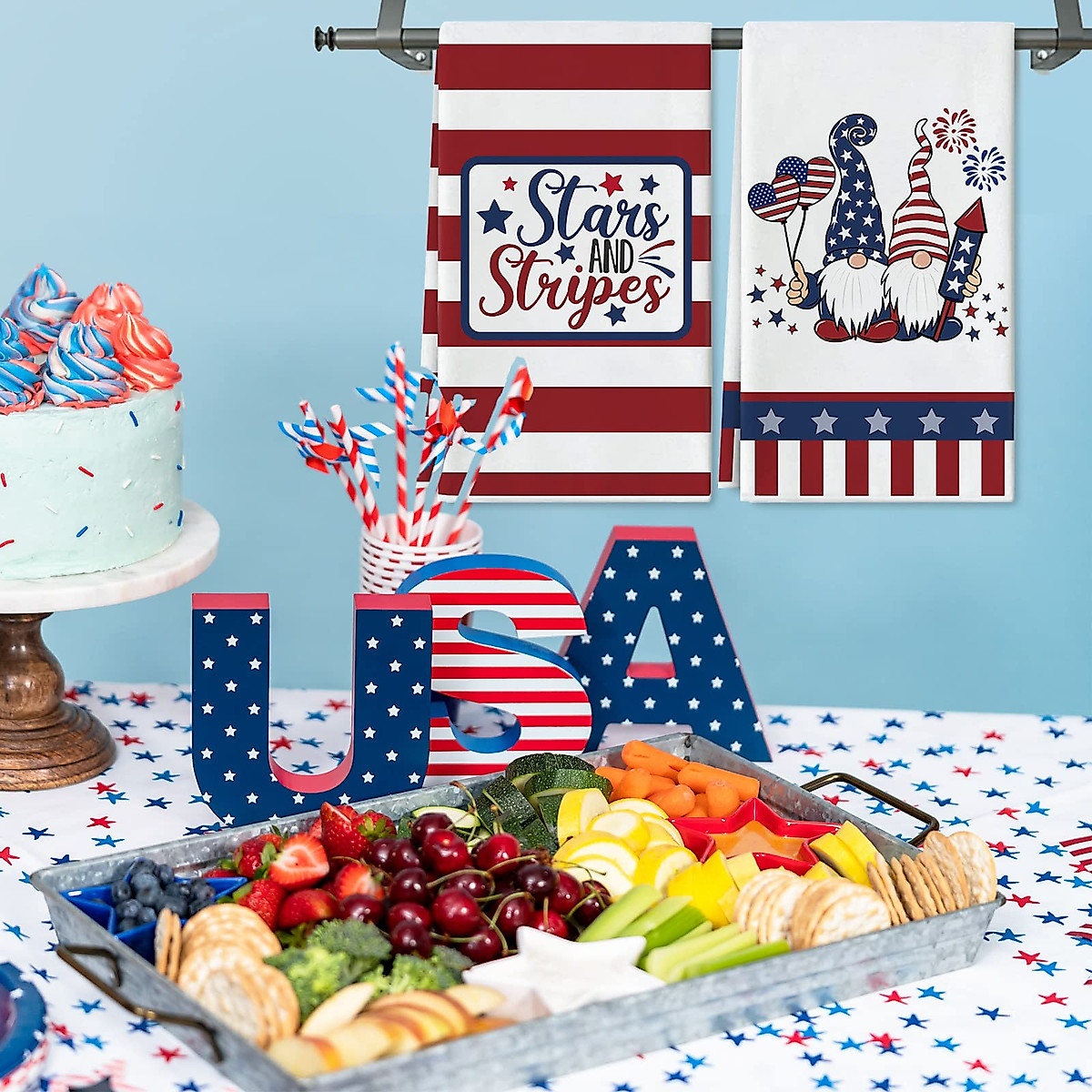 AnyDesign American Flag Gnome Truck Kitchen Towels 18 x 28 4th of July Dish Towels Patriotic Stars Stripes Decorative Hand Drying Tea Towel for Independence Day Memorial Day Cooking Baking, 4Pcs