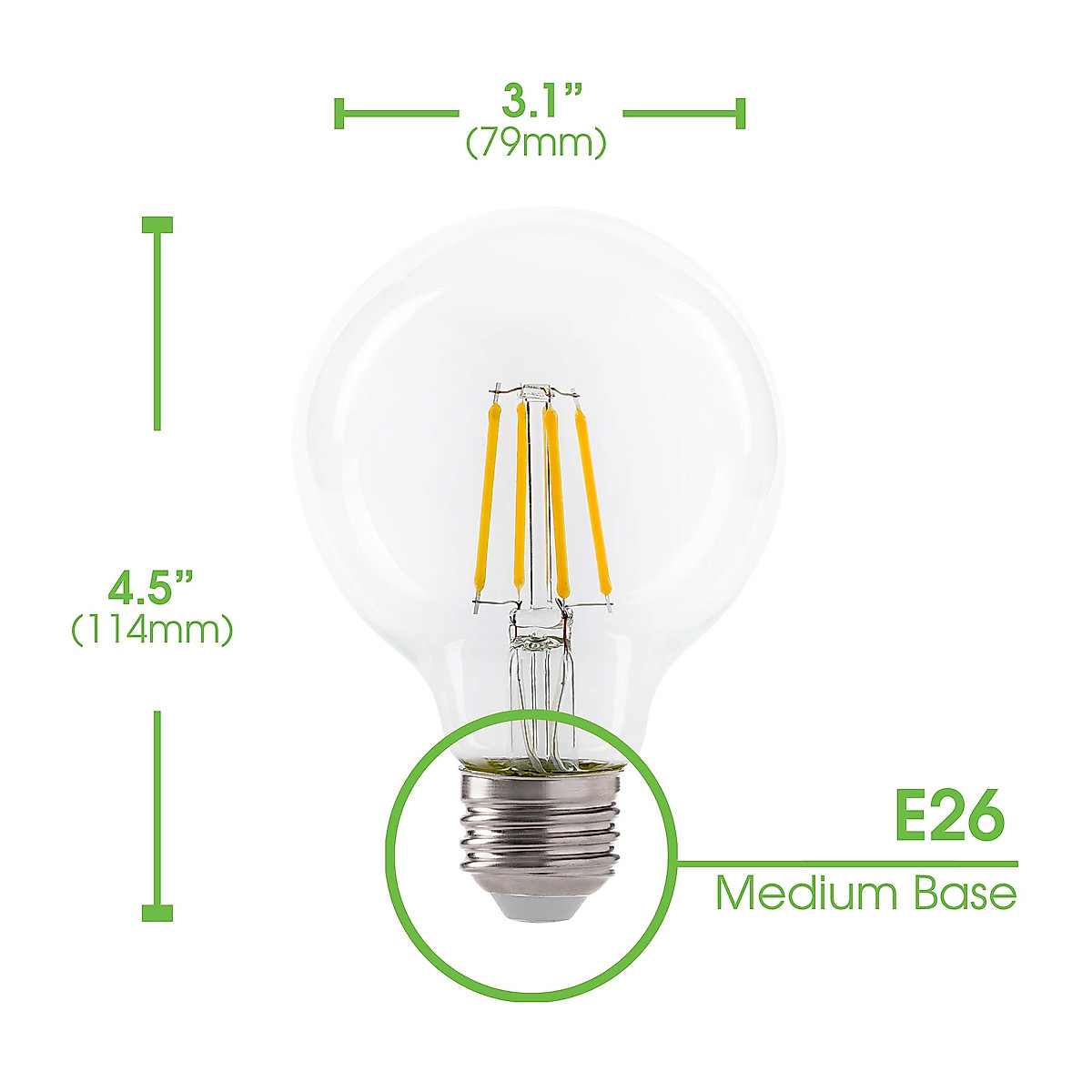 LED 4.5W G25 Clear Globe Filament Light Bulb, 40W Equivalent, 470 Lumens, 2700K Soft White, E26 Medium Base, Dimmable, 120V, Energy Star, (4 Pack)