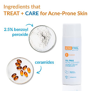 Acne Free Facial Cleansing Brush and Oil-Free Acne Cleanser Acne Treatment Kit with Benzoyl Peroxide 2.5% and Glycolic Acid (1 Brush, 1 Cleanser)