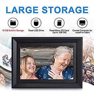 AOCWEI Digital Picture Frame WiFi 10.1 Inch Wood Electronic Photo Frame with 16GB Storage, Motion Sensor, HD IPS Touch Screen, Share Photos or Videos via Free APP/Email, USB Drive & TF Card (Black)