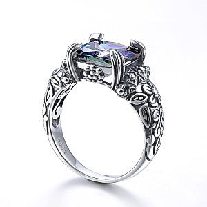 Merthus 10x10mm Princess Cut Simulated Mystic Rainbow Topaz Antique Design Black Oxidized Finish 925 Sterling Silver Floral Band Gemstone Ring for Women Size 7