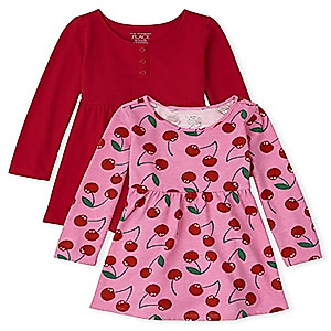 The Children's Place Baby Girls and Toddler Long Sleeve Cherry Print Solid Henley Knit Babydoll 2-Pack Dress, in The Pink, 3T US