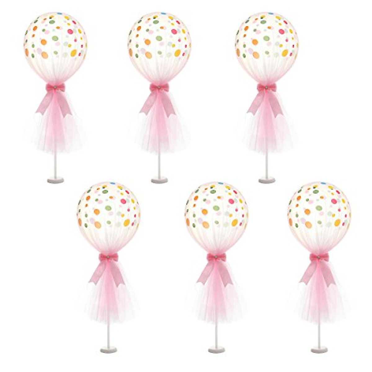Suppromo Pink Polka Dot Balloons Set Tutu Tulle Balloons With Column Base Kit for Baby Shower Girl Wedding Birthday Party Table Decorations(12 inch Pink Tulle Balloon, 6 Pack)