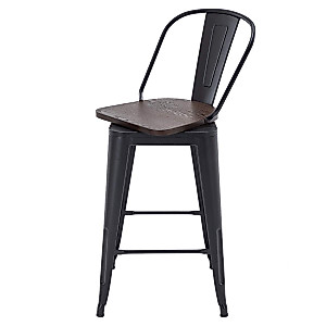 HAOBO Home Swivel Metal Barstools High Back Counter Bar Stools Set of 4 (Matte Black with Wooden Seat, Swivel 24 inch)