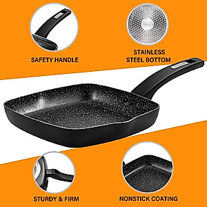 KOCH SYSTEME CS 9.5 Inch Nonstick Grill Pan for Stove Tops, Marble Coating Square Grill Skillet with Lid, Fry Pan Compatible with all Stoves, Ultimate Nonstick Skillet with Bakelite Handle, Toxic-Free