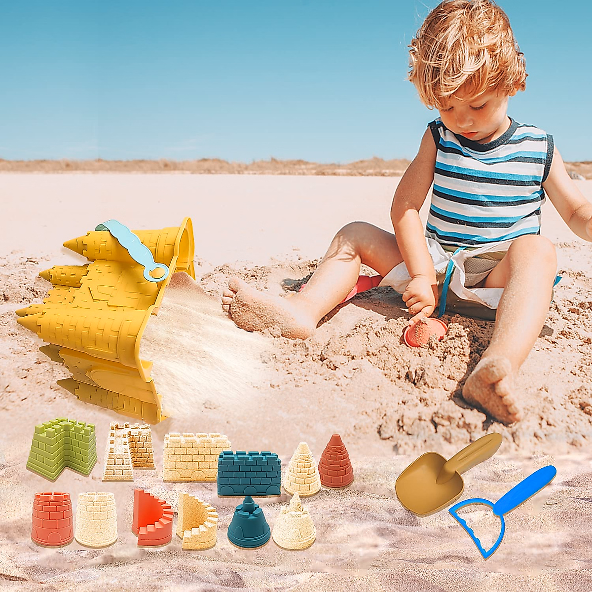 IOKUKI Beach and Sand Castle Kit, 12 PCS Sand Toys for Kids Outdoor with Sand Castle Bucket, Molds, Rake and Shovel, Great Toys for Beach