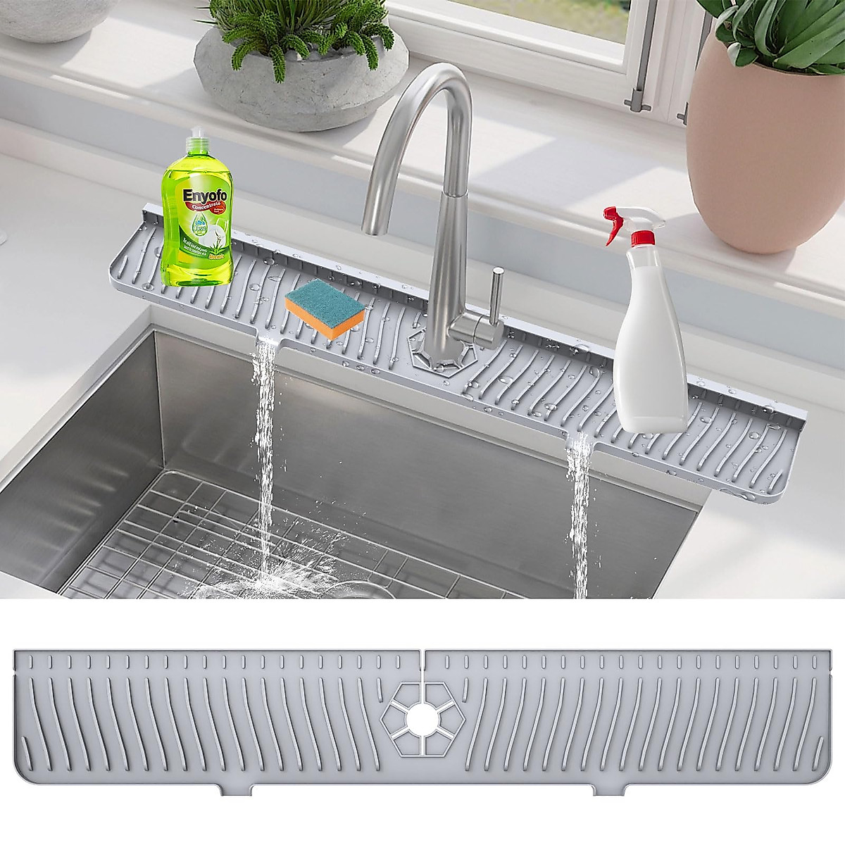 Longer Sink Splash Guard Mat 30 inch, Silicone Faucet Handle Drip Catcher Tray, Longer Silicone Sink Mat for KitchenBathroom, Drip Protector Splash Countertop (Grey)