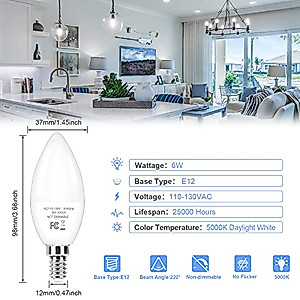 Odnora E12 Candelabra LED Light Bulbs 60W Equivalent, 5000K 6W 450 Lumens Chandelier Light Bulbs, Daylight White LED Ceiling Fan Light Bulbs, B11 Candle Light Bulbs Small Base, Non-dimmable 6 Packs
