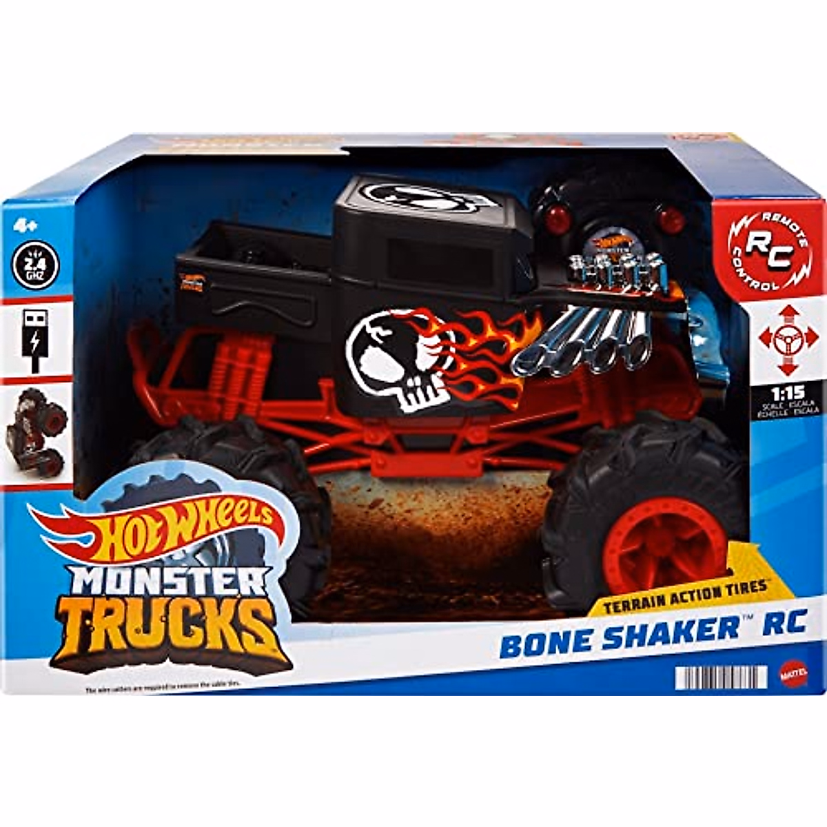 Hot Wheels RC Monster Trucks Bone Shaker in 1:15 Scale, Remote-Control Toy Truck with Terrain Action Tires