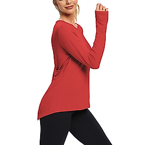 Mippo Open Back Workout Tops Long Sleeve Yoga Gym Athletic Active Wear Shirts Backless Seaters Thumb Hole Tshirts Work Out Clothes for Women Loose Fit Red S