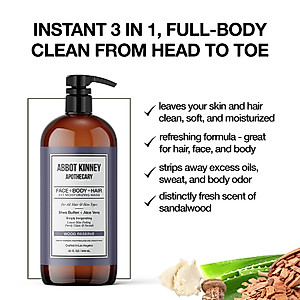 ABBOT KINNEY APOTHECARY 3 in 1 Moisturizing Men's Body Wash | Shampoo, Conditioner, & Body Wash for Men | Infused with Shea Butter & Aloe Vera | Paraben-Free, Wood Reserve, 32 Fl Oz