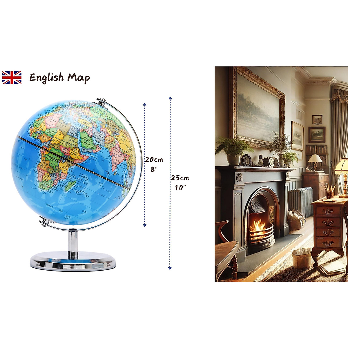 Exerz 8" World Globe Political Map - Educational Geographic Globe - Stainless Steel Arc and Base