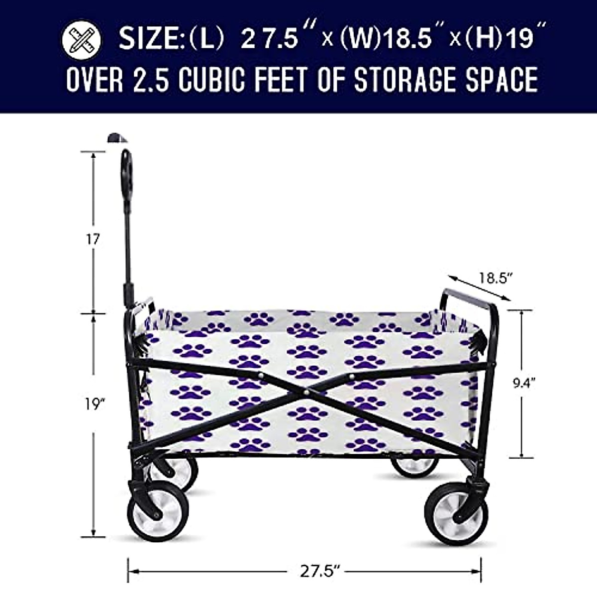 Collapsible Wagon Cart A Simple of Footprints White Purple Animal Tracks Print is Well Suited Foldable Utility Wagon Large Capacity Garden Cart with Push Bar for Beach Camp Outdoor Shopping