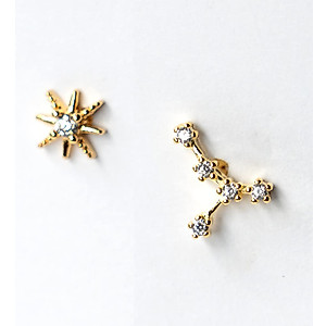 TAURUS 18k Gold Mismatched Stud Earring, Zodiac Star Stud Earrings Gift Set, Birthday Astrology Gifts for Women, Teens, Birth Flower (Taurus)