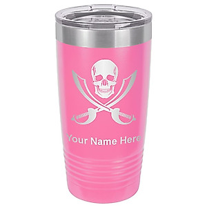 LaserGram 20oz Vacuum Insulated Tumbler Mug, Jolly Roger, Personalized Engraving Included (Pink)