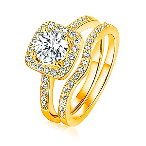 18K Gold Plated Two-in-One Wedding Engagement Eternity Rings Halo Cubic Zirconia Bridal Rings Set 7