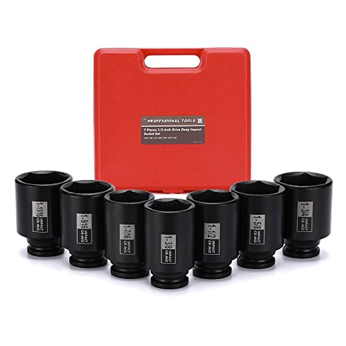 Mayouko 7PCS 1/2 Inch Drive Deep Impact Socket Set, 1-3/8" - 1-3/4", Spindle Axle Nut Sockets, SAE, Deep, 6-Point, CR-MO