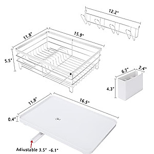 Fogein Dish Drying Rack, Stainless Steel Dish Drainer with Utensil Holder Removable Drainer Tray for Kitchen Countertop, Silver