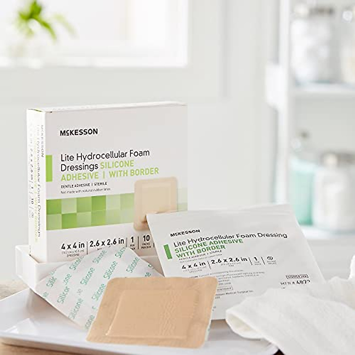 McKesson Lite Hydrocellular Foam Dressings, Sterile, Silicone Adhesive with Border, 4 in x 4 in, 10 Count, 1 Pack