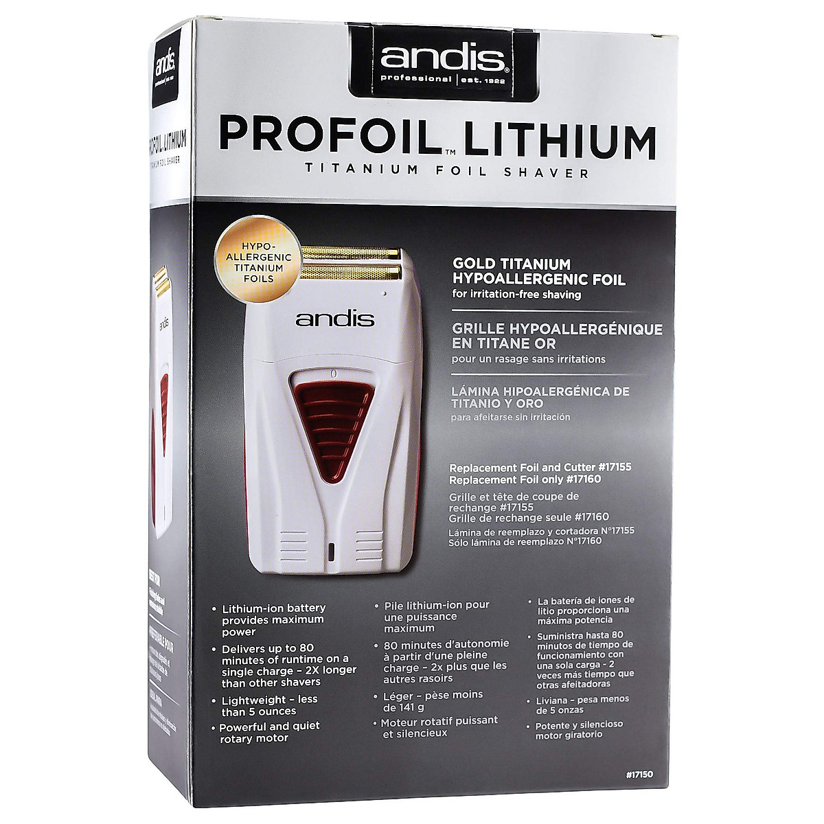 Andis Cordless Men’s Long Lasting Lithium Battery Titanium Foil Shaver with Bonus Replacement Foil Assembly and Inner Cutters with a BeauWis Brush