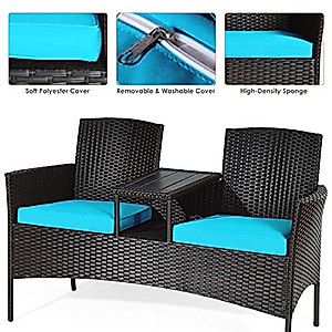 Tangkula Outdoor Rattan Loveseat, Patio Conversation Set with Cushions & Table, Modern Patio Furniture Set Wicker Sofa Set with Built-in Coffee Table, Rattan Sofas for Garden Lawn Backyard