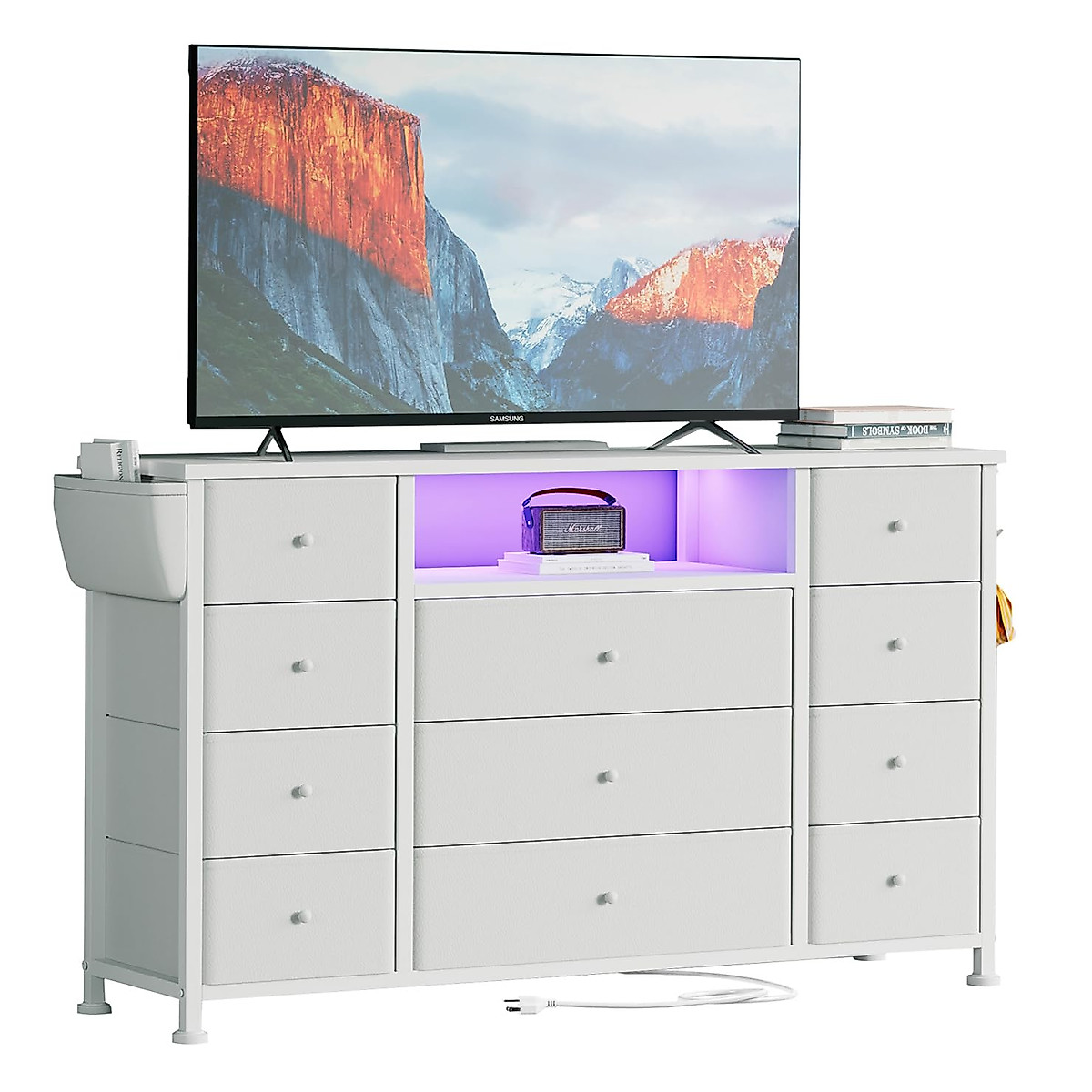 WODRAWER White Dresser with Power Outlets and LED Lights, Dresser for Bedroom with 11 Drawers, Dressers & Chests of Drawers with Side Pockets, Fabric Storage Organizer