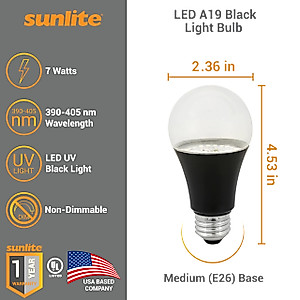Sunlite LED A19 Black Light UV Bulb, 7W (60W Equiv.), Medium E26 Base, Non-Dimmable, 390-405nm Wavelength, Ideal for Black Light Room Decor, Halloween Decorations, Indoor UV Decor, UL Listed, 3 Pack