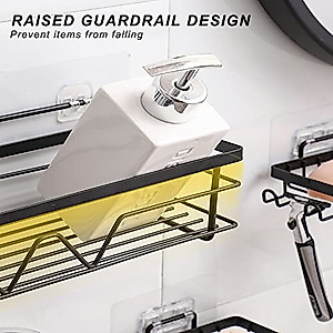 Shower Caddy Basket, Adhesive Shower Shelves with 3 Hooks/1 Soap Holder, No Drilling Bathroom Storage Organizer Rack Stainless Steel Black Shower Self for Inside Shower, Kitchen, Restroom, Toilet