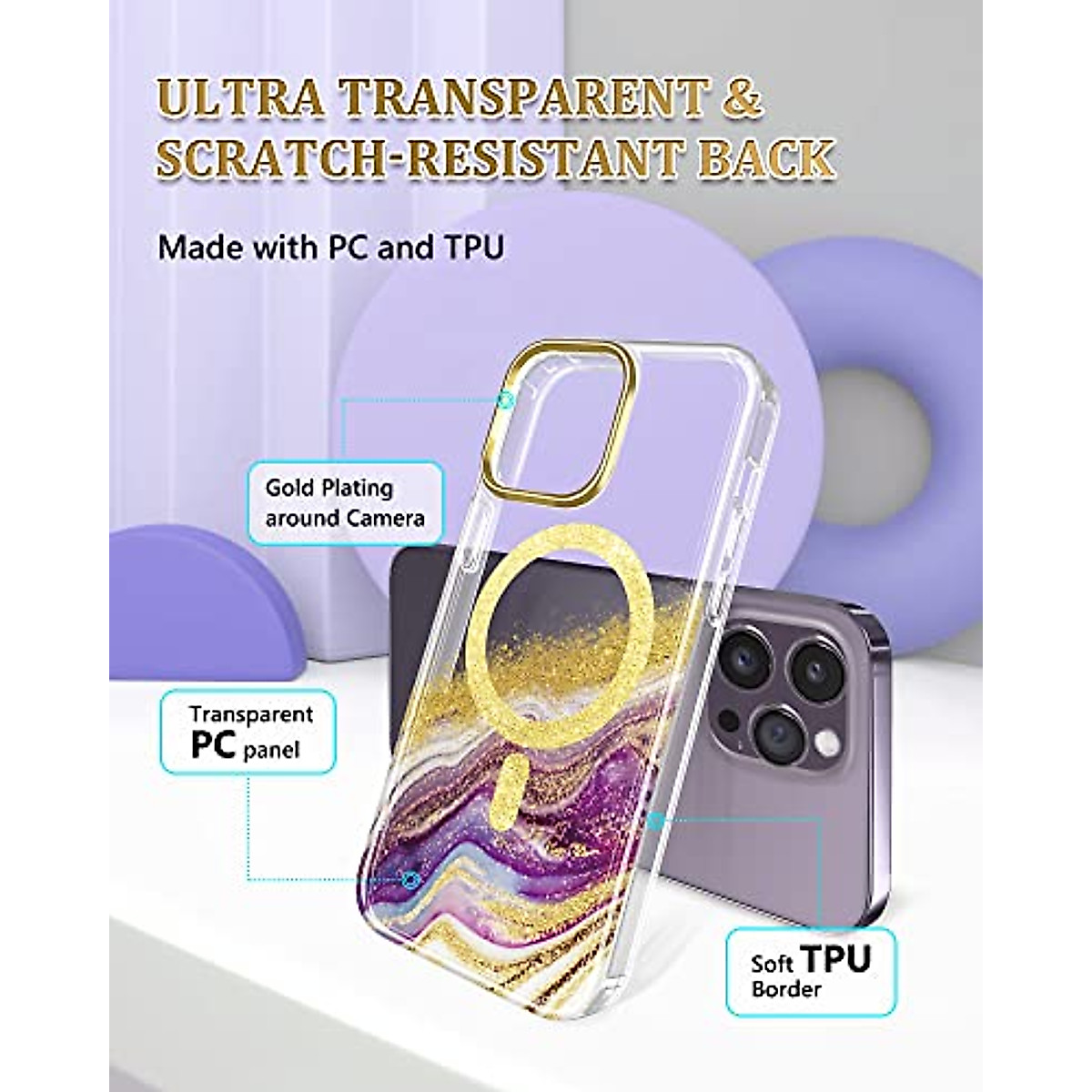 JIAXIUFEN Magnetic Designed for iPhone 14 Pro Max Case Clear, Compatible with MagSafe, Sparkle Glitter Slim Thin Shockproof Protective Transparent Phone Case, Marble Gold
