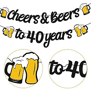 Cheers and Beers to 40th Years Banner 40th Birthday Decorations for Men Women 40s Birthday Backdrop Wedding Anniversary Party Supplies Black Glitter Decorations Pre-Strung
