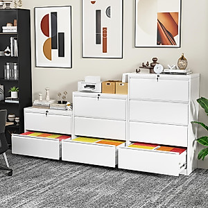 INTERGREAT 4 Drawer File Cabinet, White Lateral File Cabinet with Lock, Metal Office Filing Cabinet with Adjustable Frame for Legal, Letter, A4 Files, Fast Assembeld