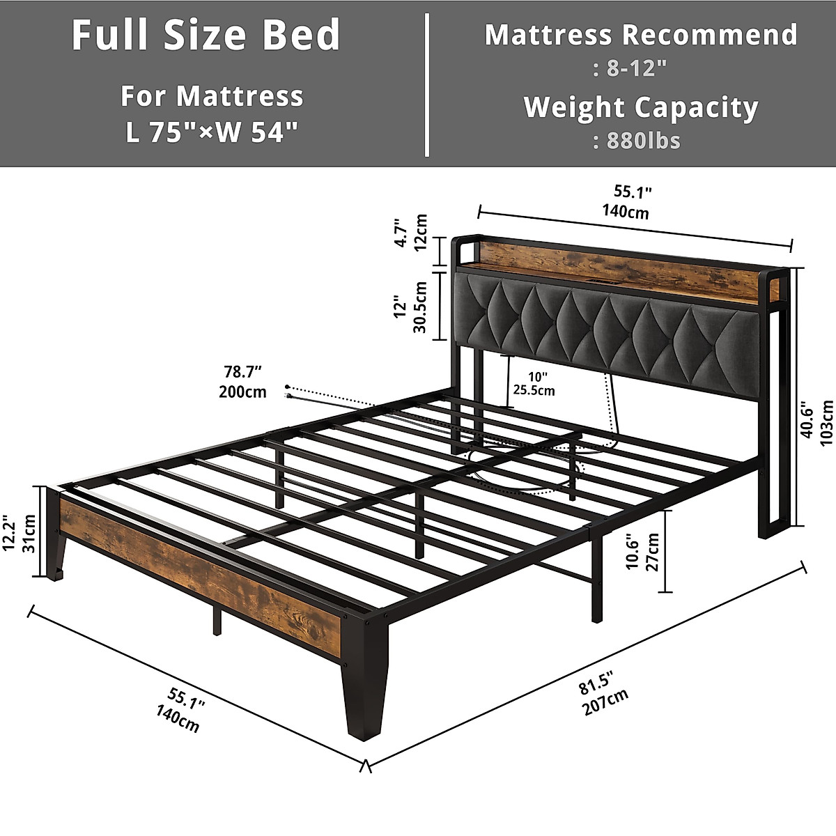 ANCTOR Full Size Bed Frame, Storage Headboard with Outlets, Easy to Install, Sturdy and Stable, No Noise, No Box Springs Needed - Perfect for a Good Night's Sleep