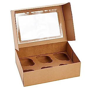 Juvale 24 Pack Cupcake Containers with Windows, 6 x 6 Boxes with 4 Count Inserts for Muffins (Kraft Paper)